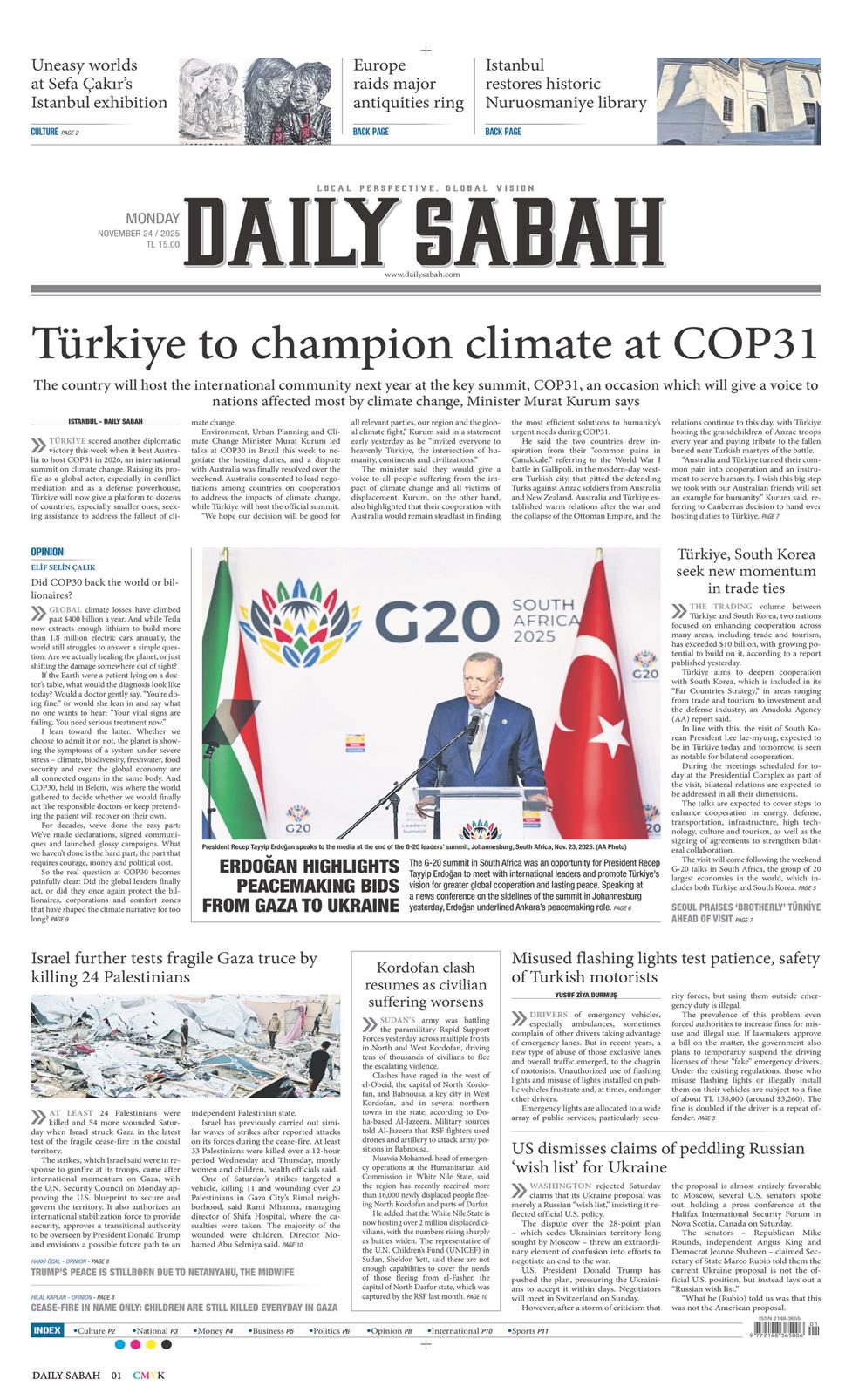 24 Kasım 2025 Pazartesi - Daily Sabah gazetesi manşet
