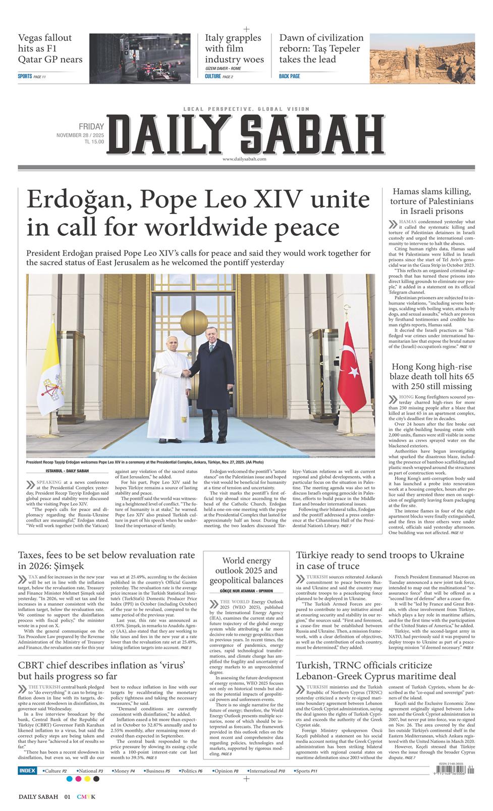 28 Kasım 2025 Cuma - Daily Sabah gazetesi manşet
